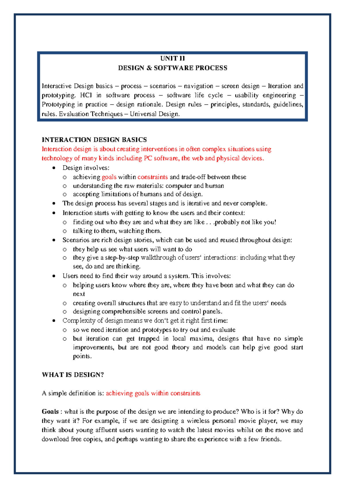 HCI Unit 2 - INTERACTION DESIGN BASICS Interaction design is about creating interventions in ...