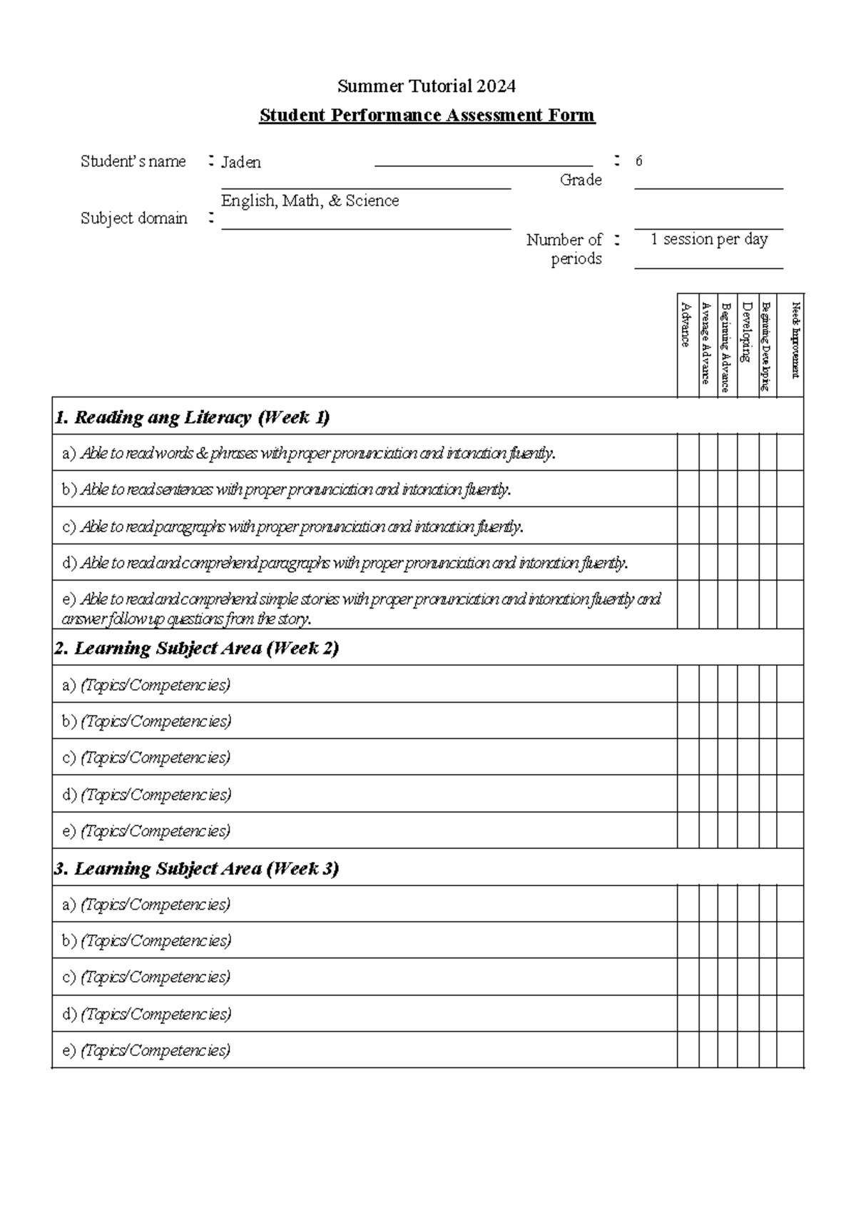 Student performance assessment form - Summer Tutorial 2024 Student ...