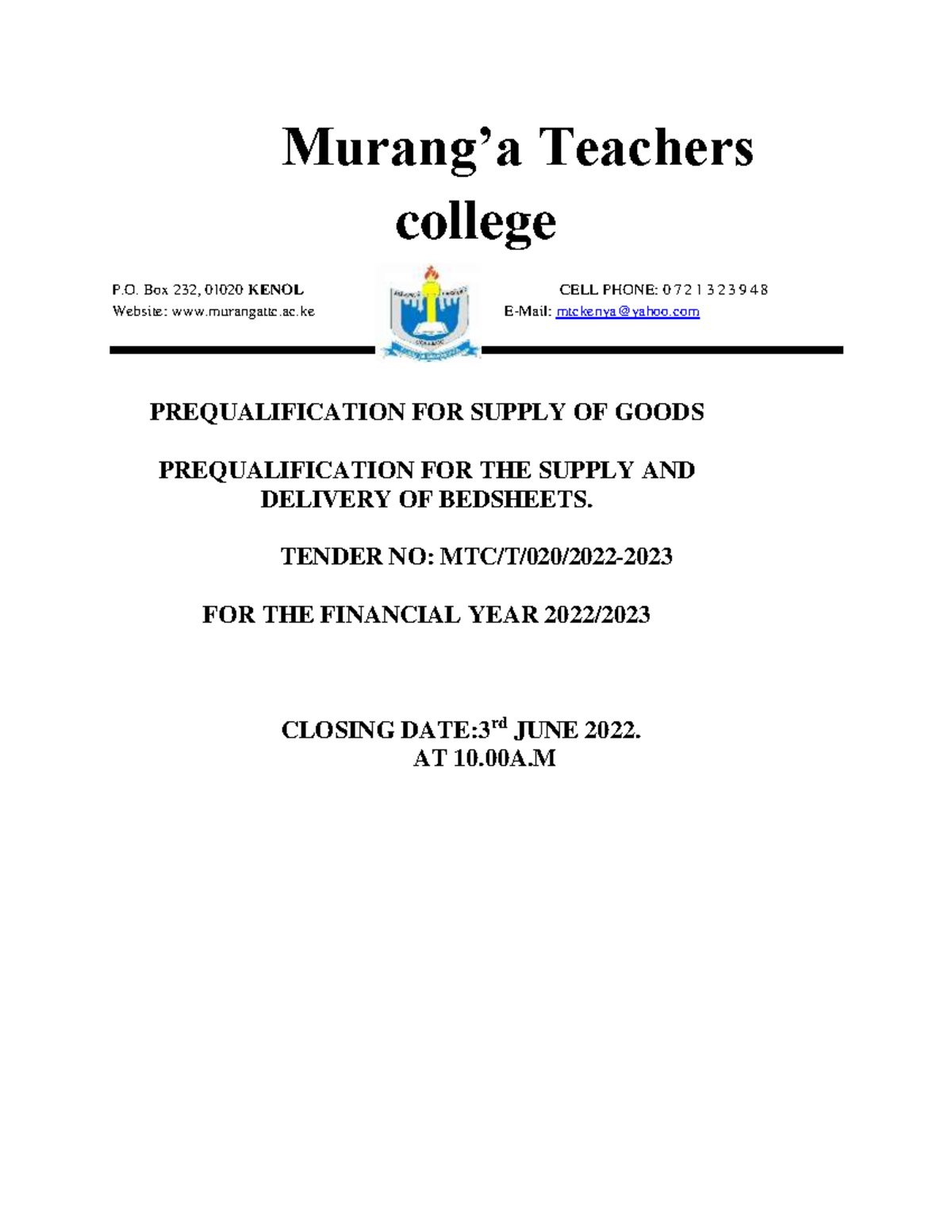 Tender 020 Prequalification FOR THE Supply AND Delivery OF Bedsheets ...