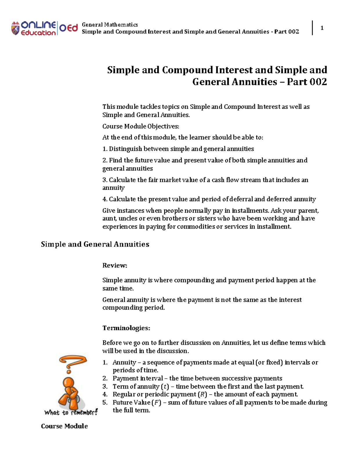Week 012-Module Key Concepts of Simple and Compound Interests, and Simple and General Annuities ...