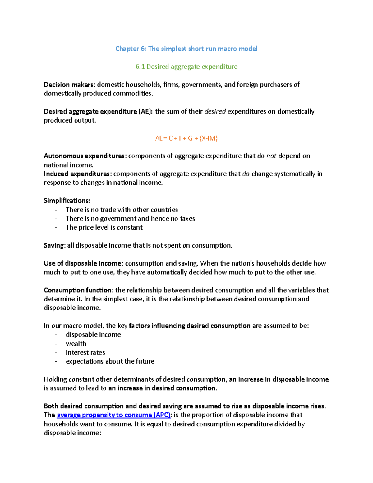 Chapter 6 - notes - Chapter 6: The simplest short run macro model 6 ...