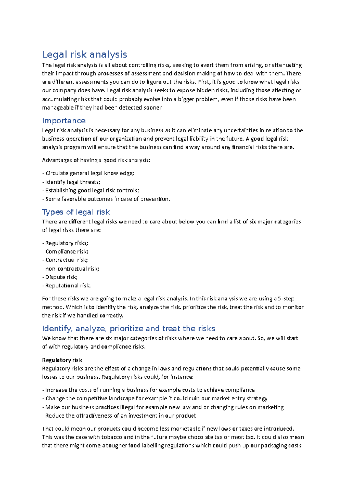 Assignment 7 Risk analysis - Legal risk analysis The legal risk ...