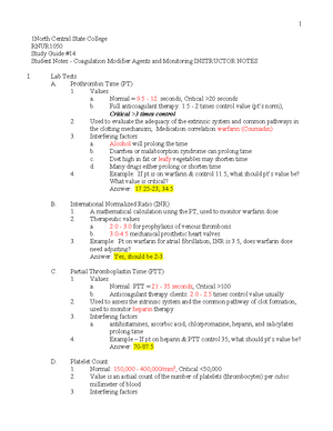 Common Lab Values Student Worksheet - North Central State College PNUR 1012 Basic Human Needs ...