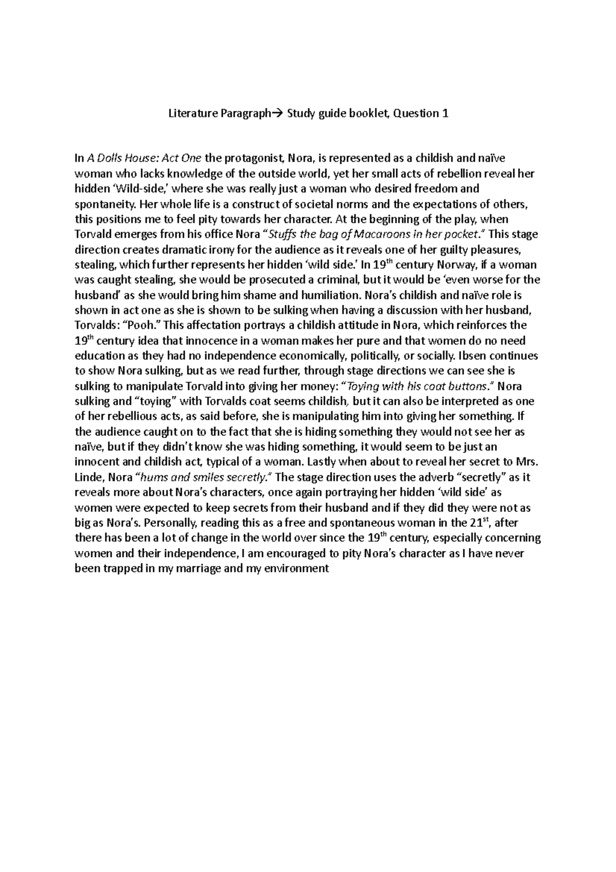 Nora, A dolls house paragraph - Literature Paragraph Study guide ...