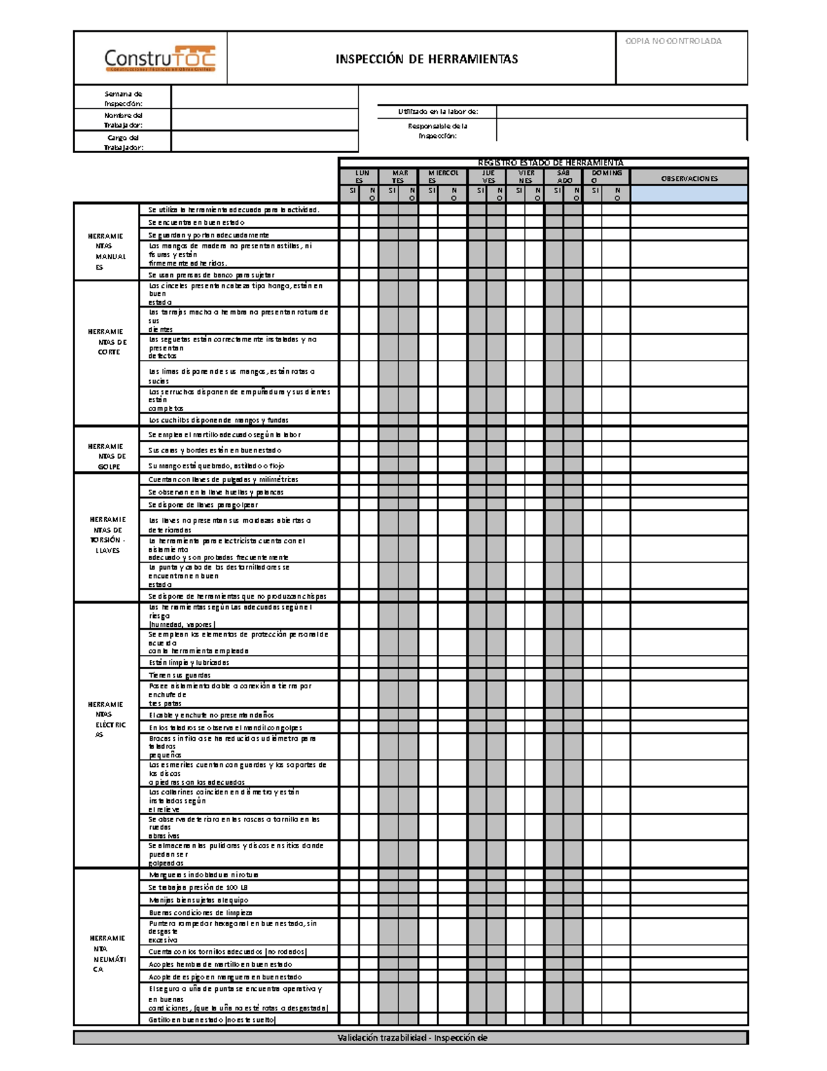 Inspección DE Herramientas - INSPECCIÓN DE HERRAMIENTAS COPIA NO ...