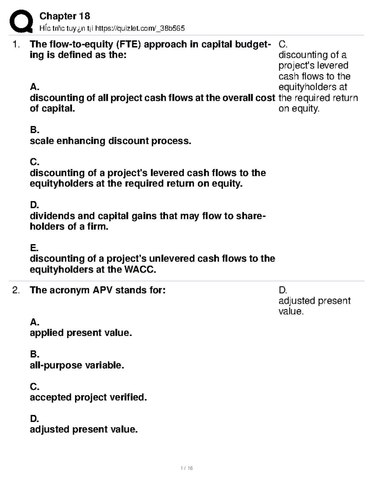 Châp 18 - tài chính doanh nghiệp - HÍc trñc tuy¿n t¡i quizlet/_38b The flow-to-equity (FTE ...