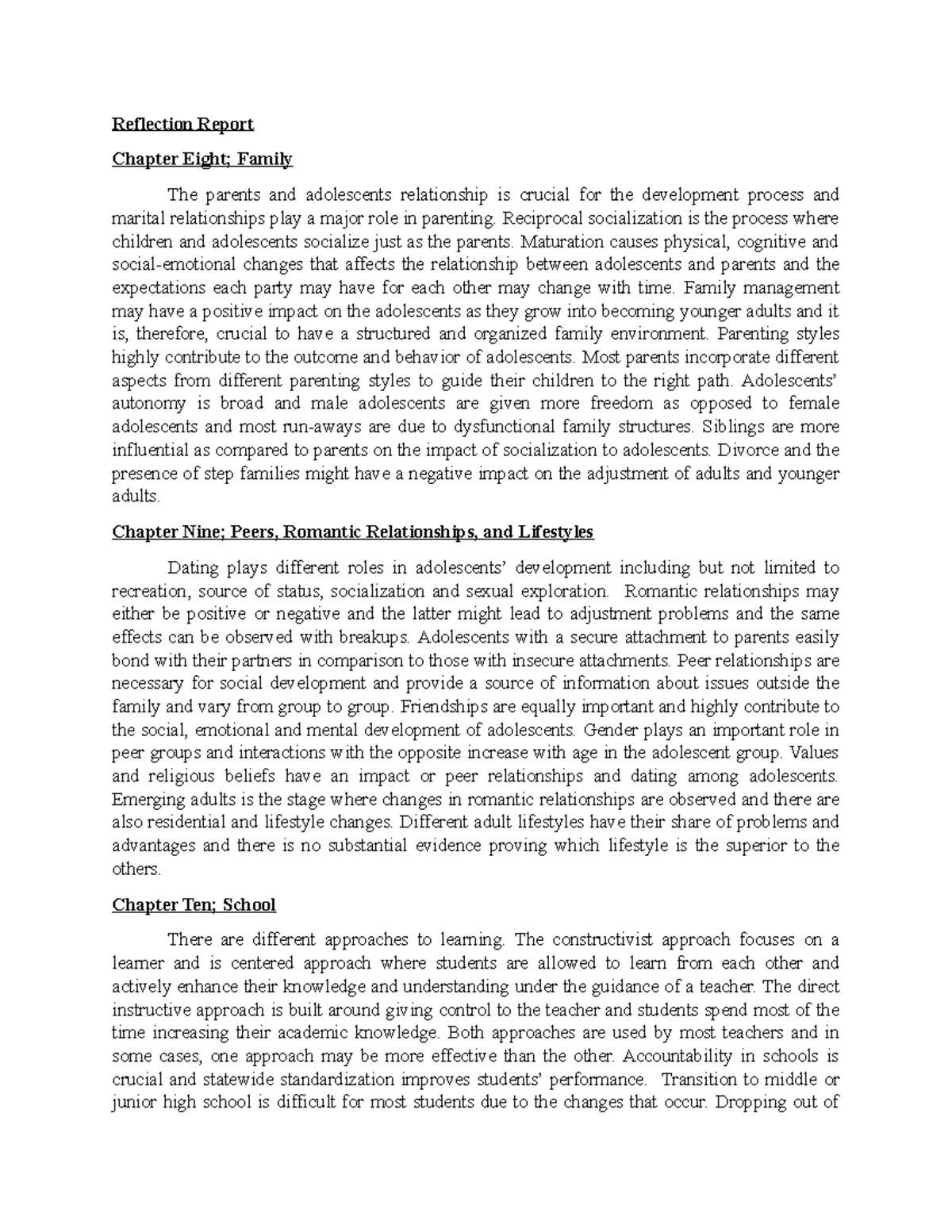 Reflection Report #4, chapter 8, 9 and 10 - Reflection Report Chapter ...