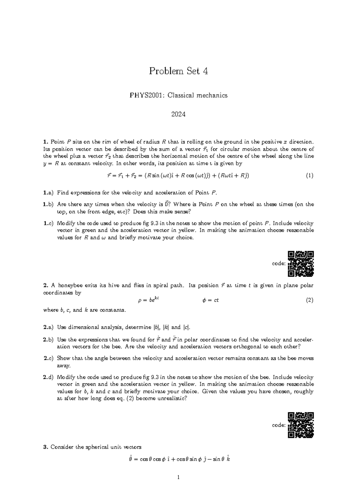 PS4 2024 - Problem Set 4 PHYS2001: Classical mechanics 2024 Point P ...