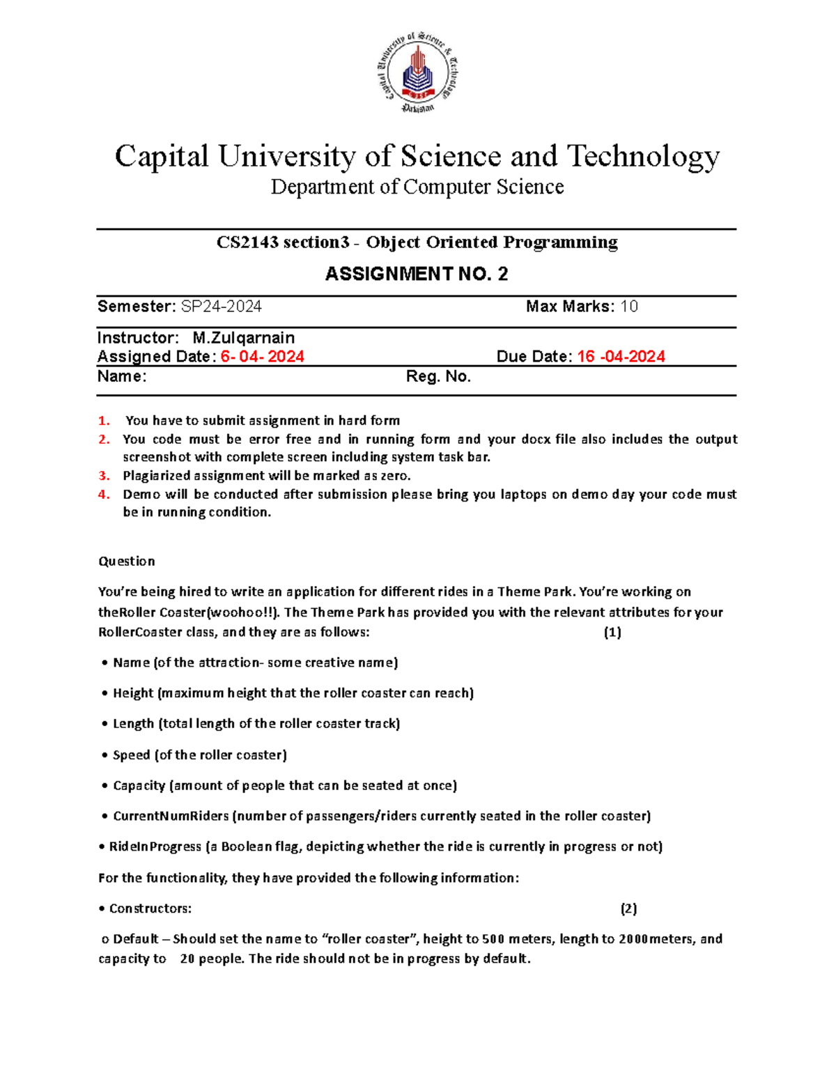 Assignment 2 cs - Capital University of Science and Technology Department of Computer Science 1 ...