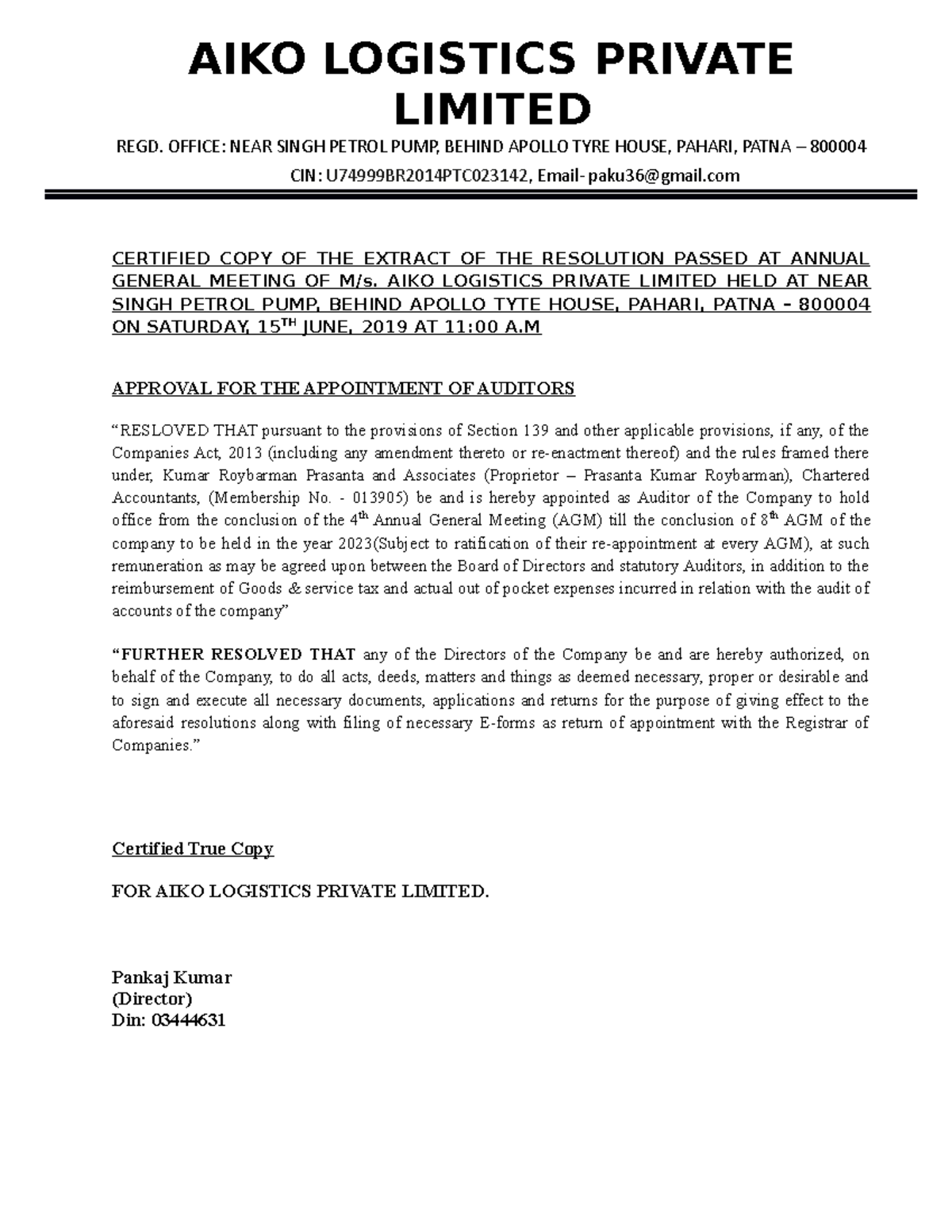 AGM Resolution - good - AIKO LOGISTICS PRIVATE LIMITED REGD. OFFICE ...