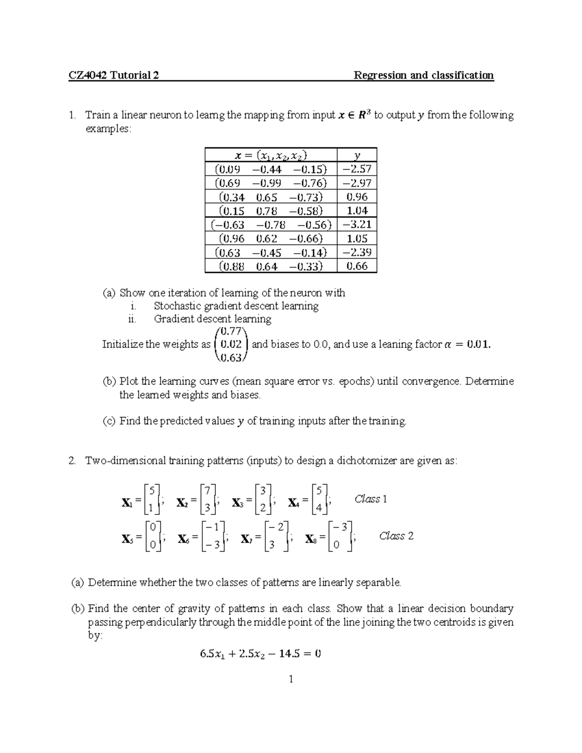 Tute2 - 2. Regression and classification - 1 CZ4042 Tutorial 2 ...