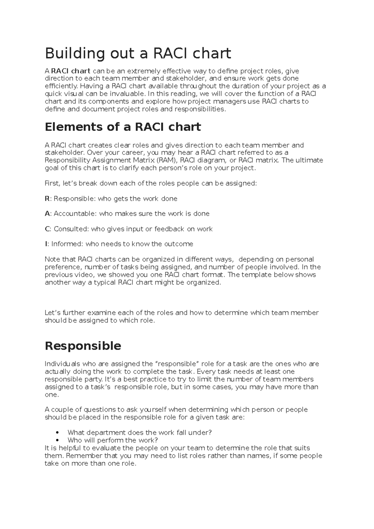Building out a RACI chart - Having a RACI chart available throughout ...