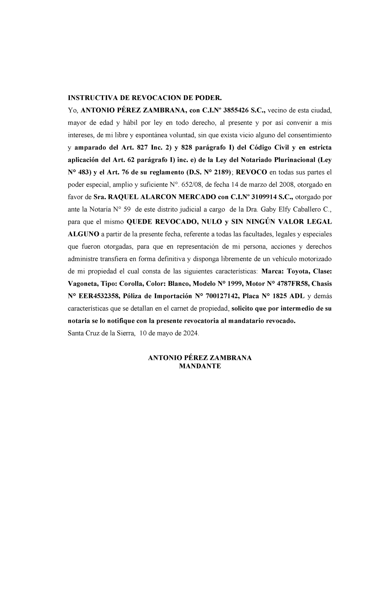 Revocatoria DE Poder - INSTRUCTIVA DE REVOCACION DE PODER. Yo, ANTONIO ...
