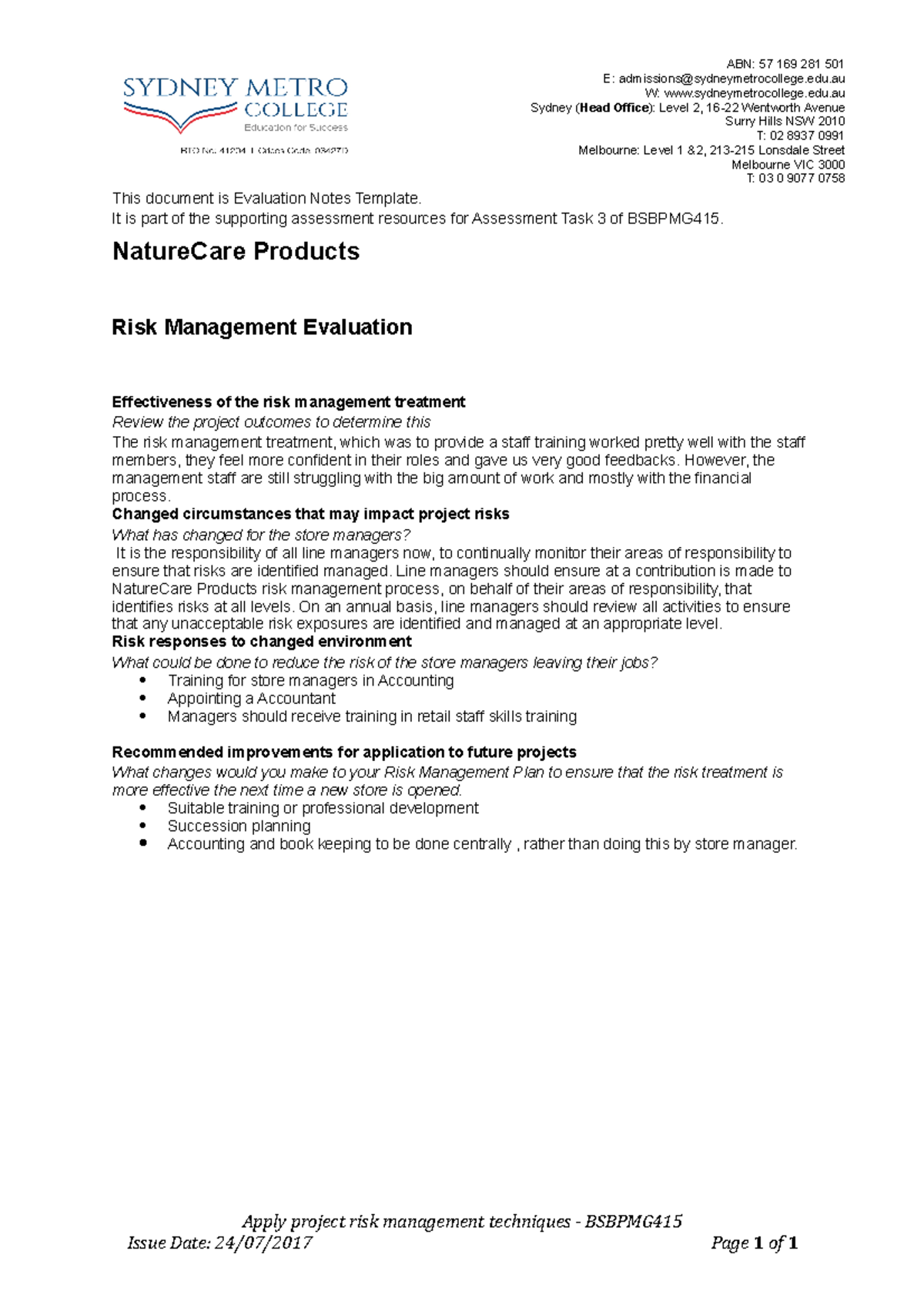 Evaluation Notes Template - It is part of the supporting assessment ...