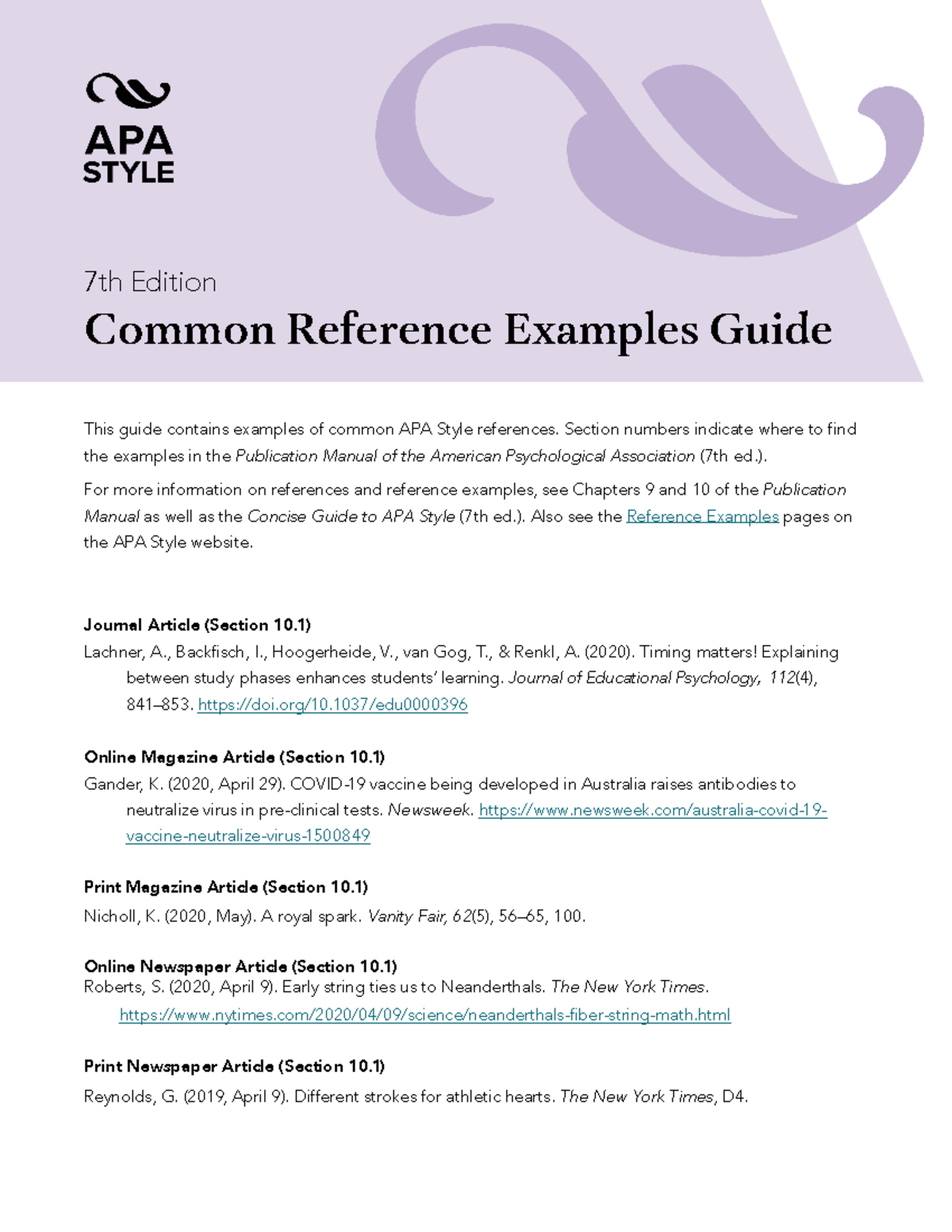 APA 7th Edition Common Reference Examples Guide - 7th Edition Common ...