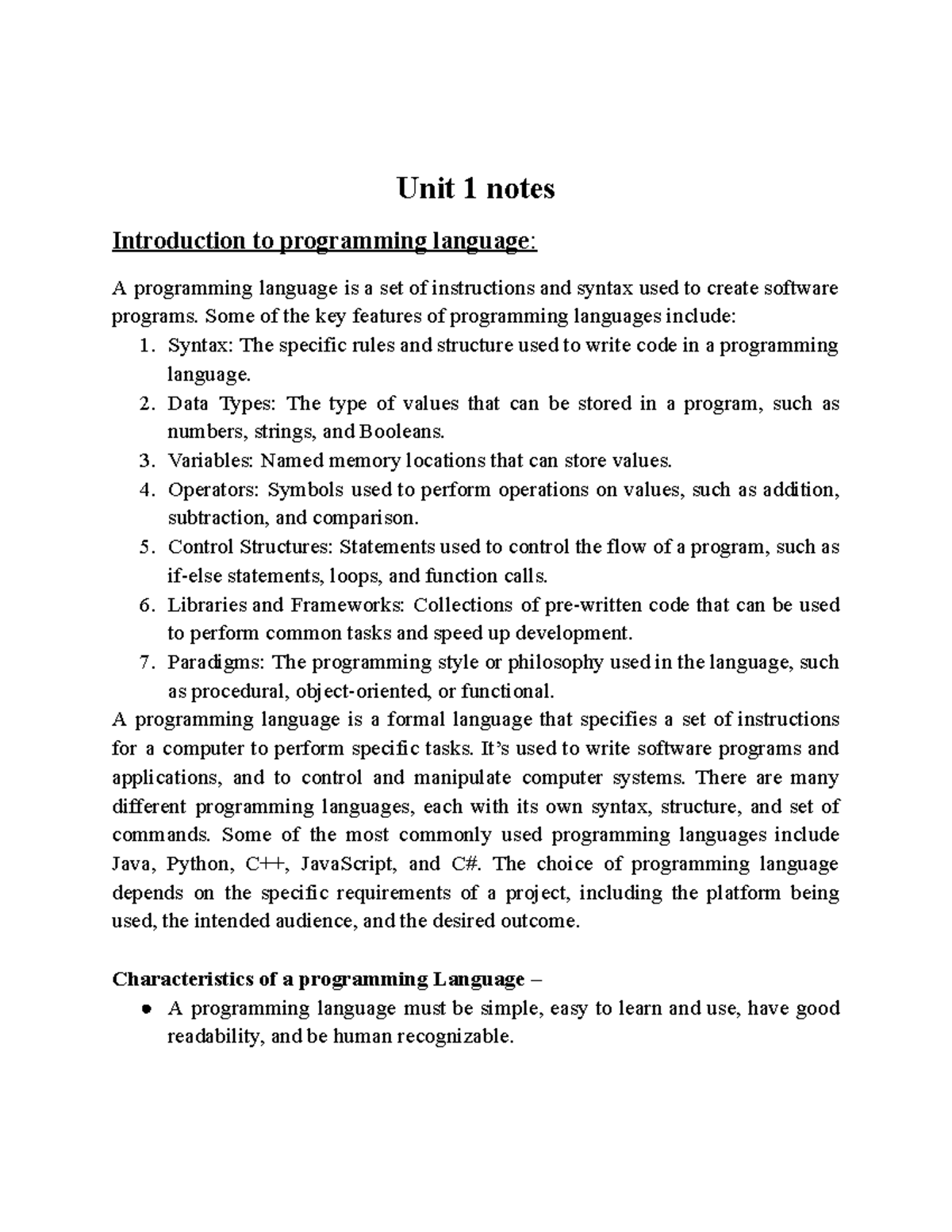 Unit 1 notes app - Unit 1 notes Introduction to programming language: A ...