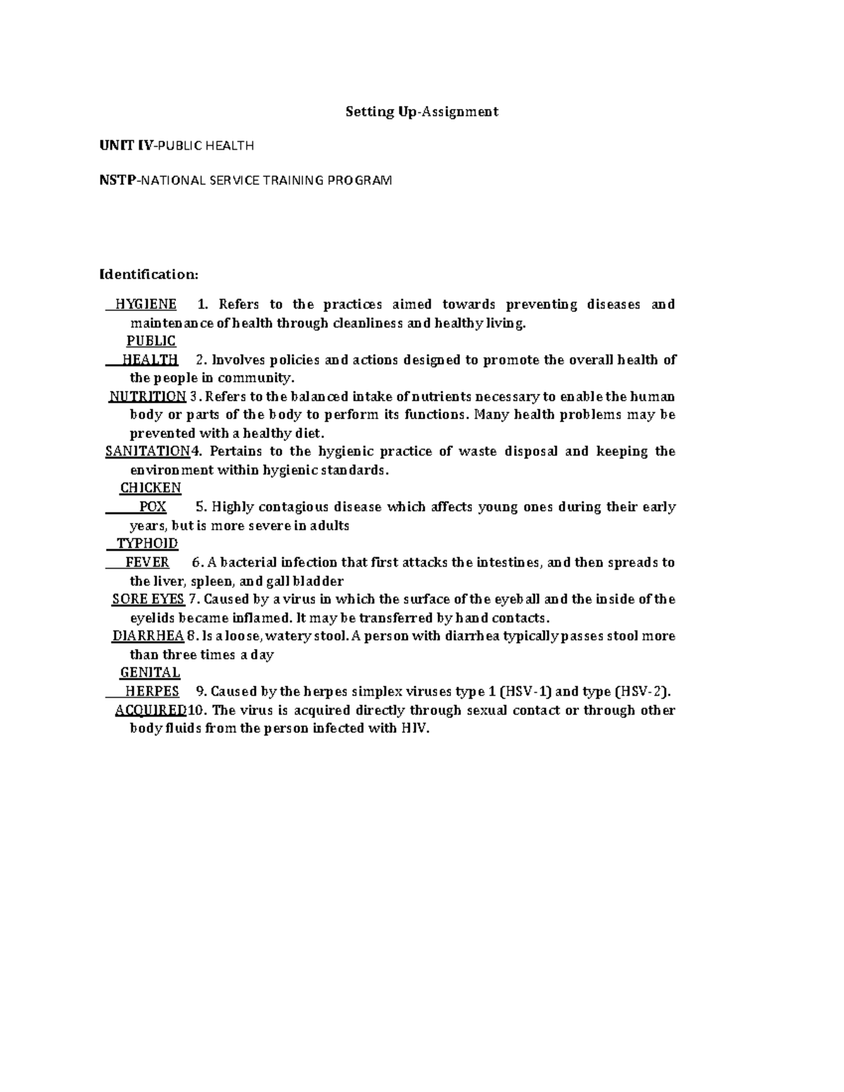 Setting Up- Unitiv Public Health - Setting Up-Assignment UNIT IV-PUBLIC HEALTH NSTP-NATIONAL ...