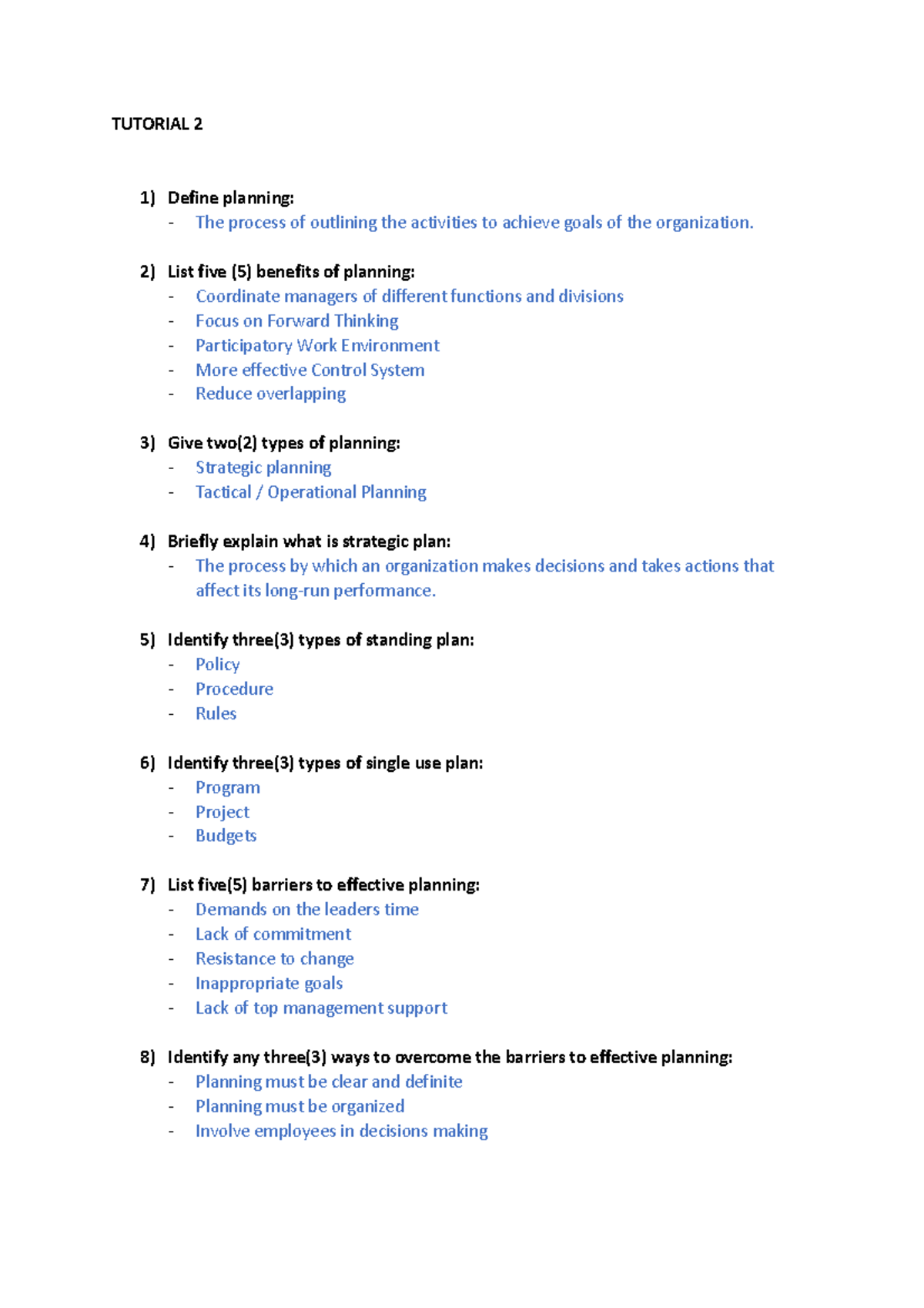 Tutorial 2 - TUTORIAL 2 Define planning: The process of outlining the ...