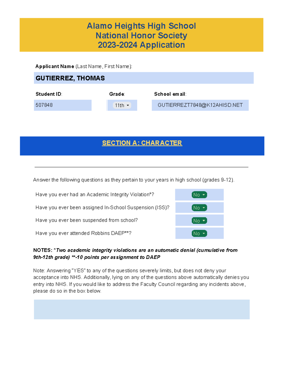 Copy of 2023-2024 AHHS NHS Application - Alamo Heights High School ...