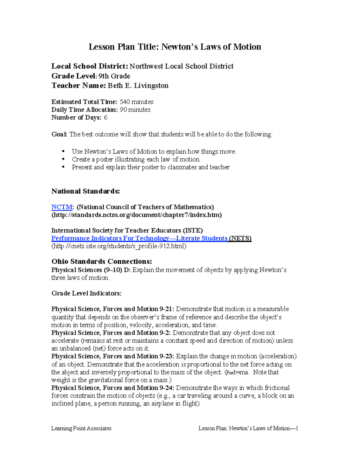 Newton's Laws of motion - Lesson Plan Title: Newton9s Laws of Motion ...