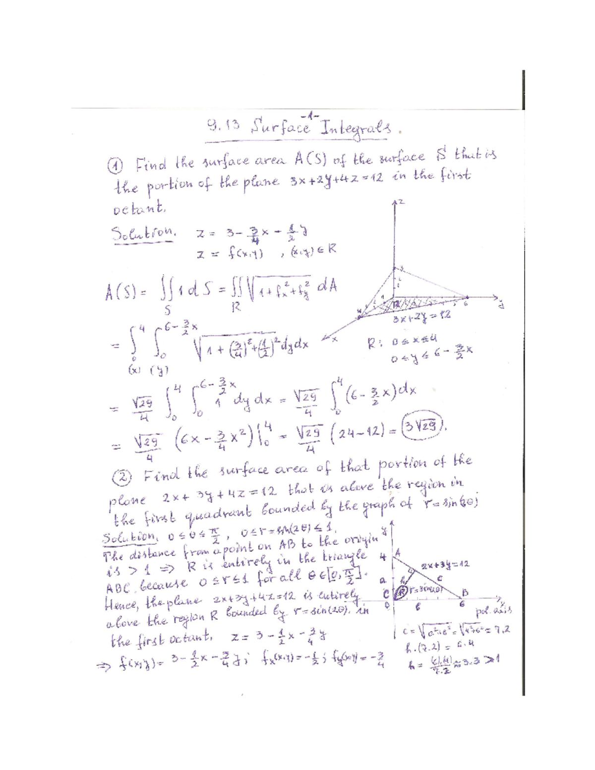 9 13 Surface Integrals Problems and Solutions - 9 Surface Integrals . A Find the surface area A ...