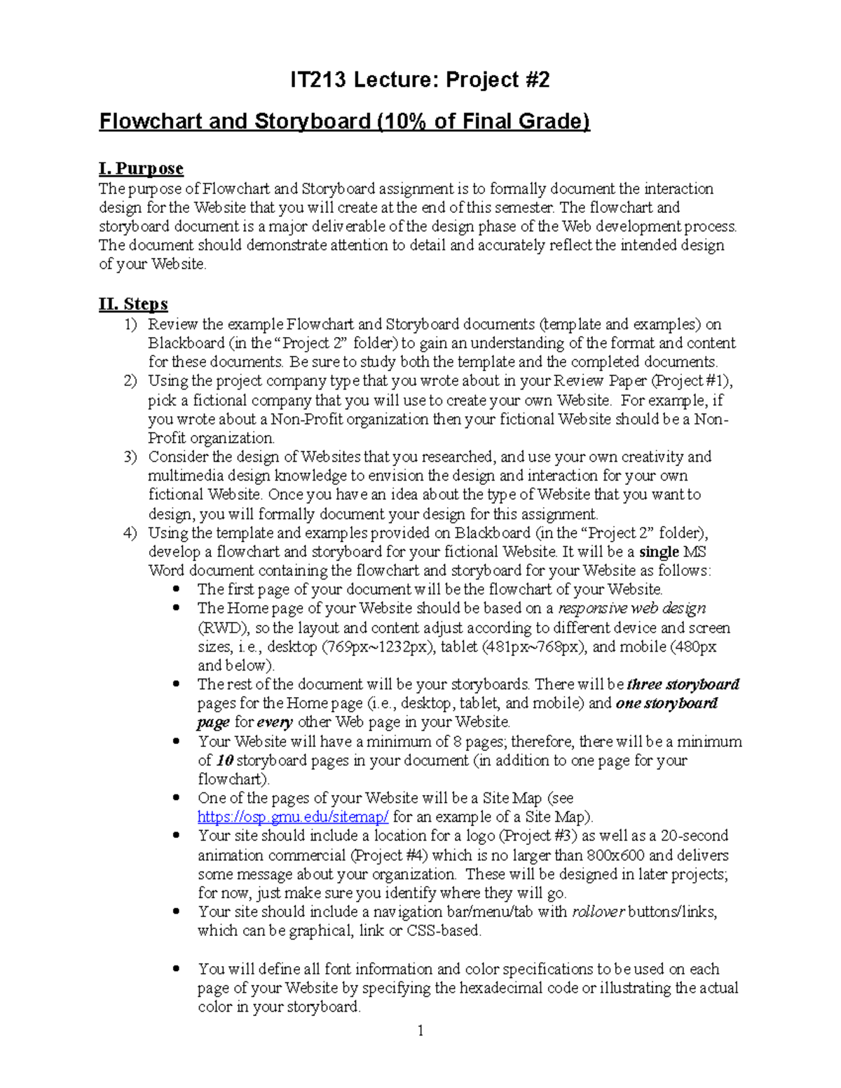 Project 2 - IT213 Lecture: Project Flowchart and Storyboard (10% of Final Grade) I. Purpose The ...