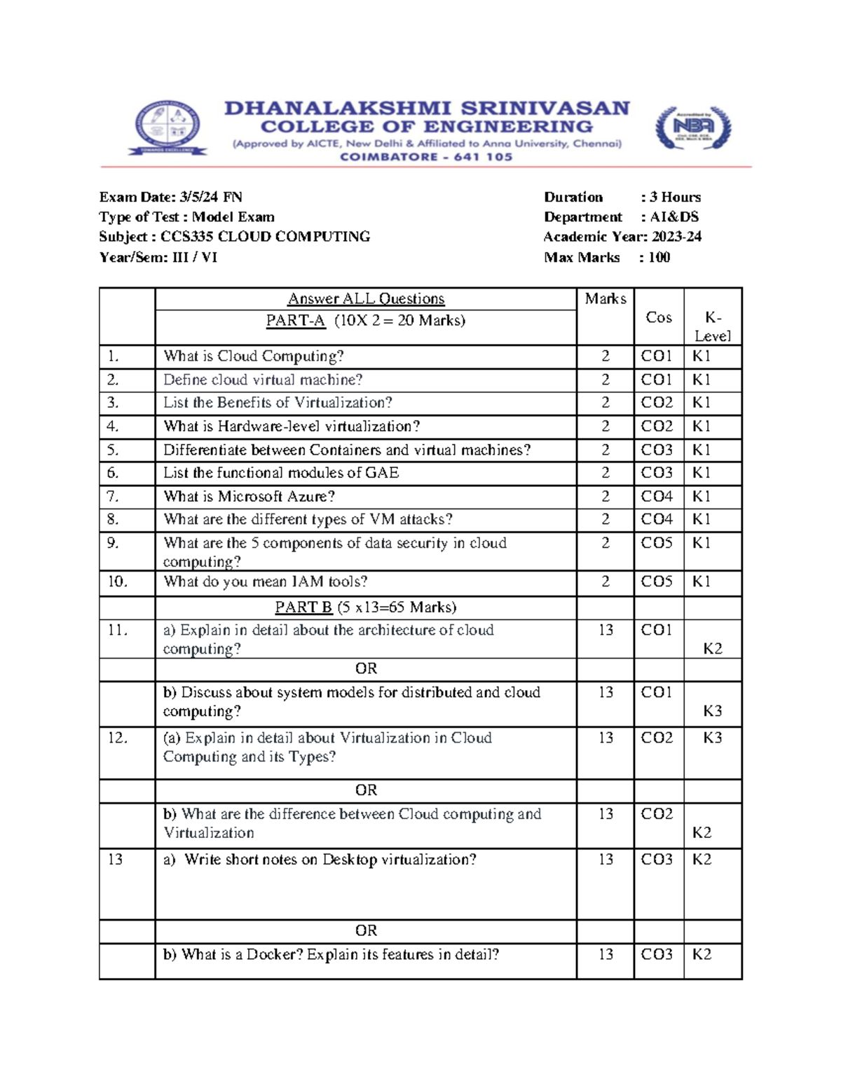 CC S1 - Exam Date: 3/5/24 FN Duration : 3 Hours Type of Test : Model ...
