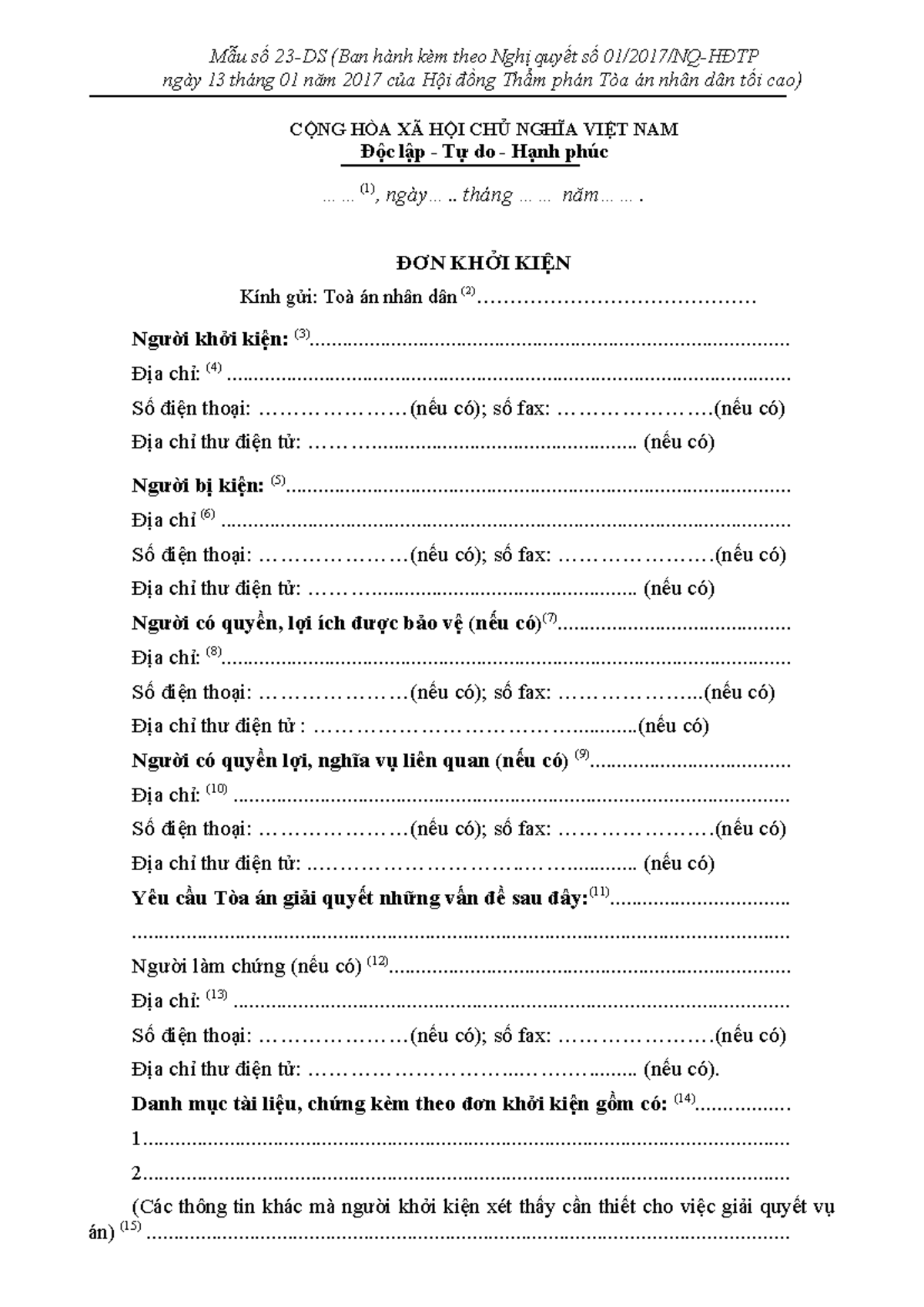 Mau don khoi kien - ôn luyện - Mẫu số 23-DS (Ban hành kèm theo Nghị ...