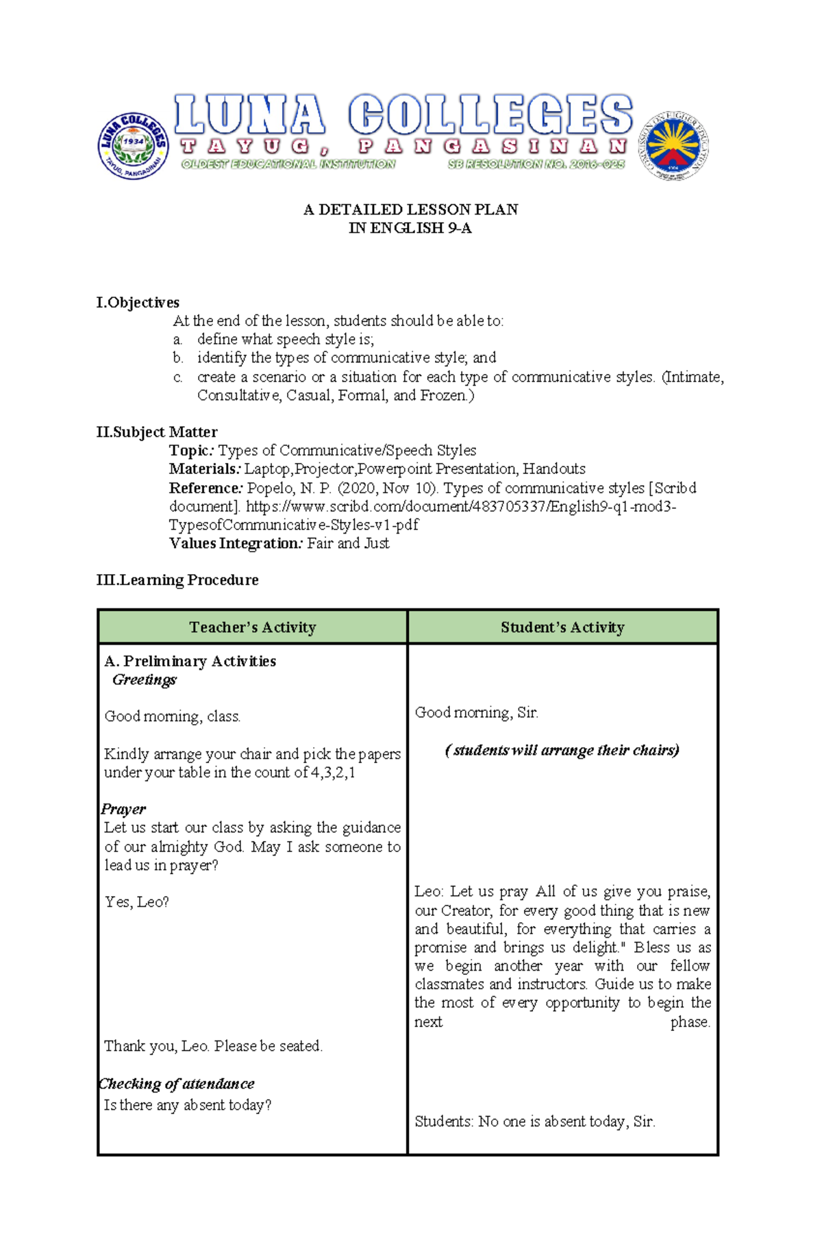 Speech-Styles-1 - A DETAILED LESSON PLAN IN ENGLISH 9-A I At the end of ...