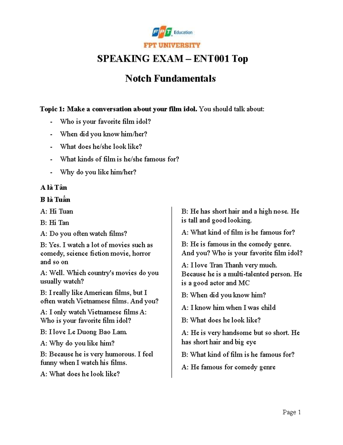 Speaking EXAM - english - SPEAKING EXAM – ENT001 Top Notch Fundamentals ...