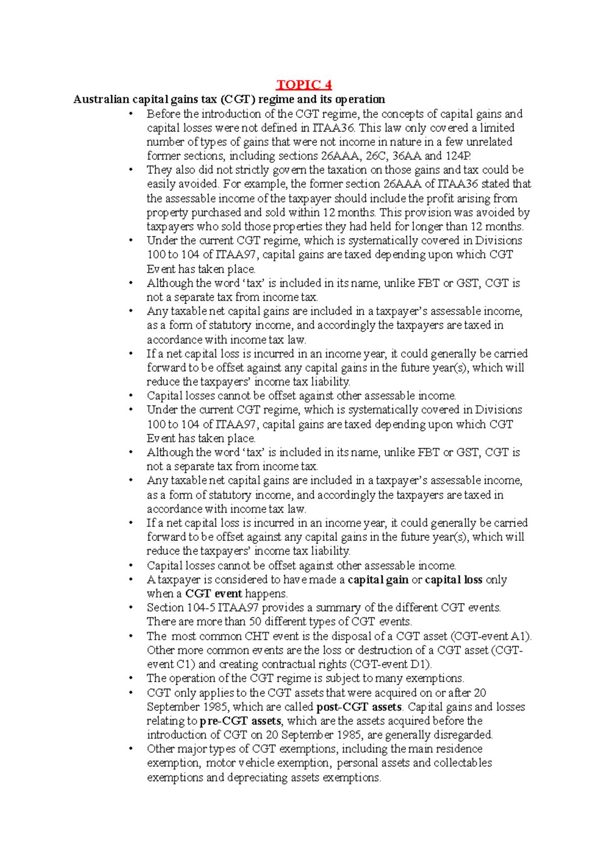 Taxation Topic 4 Notes - TOPIC 4 Australian capital gains tax (CGT ...