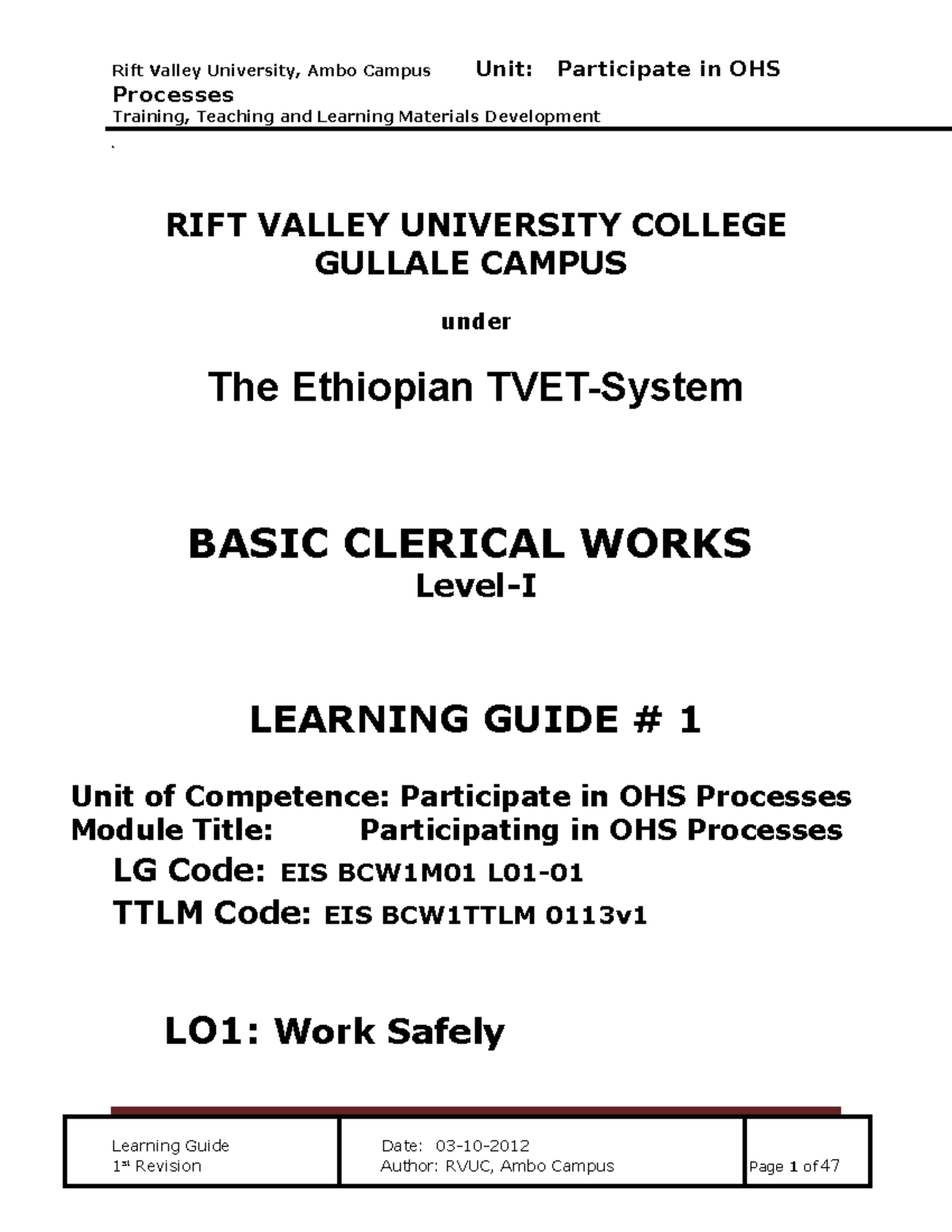 LG on Participate on OHS - Processes Training, Teaching and Learning ...