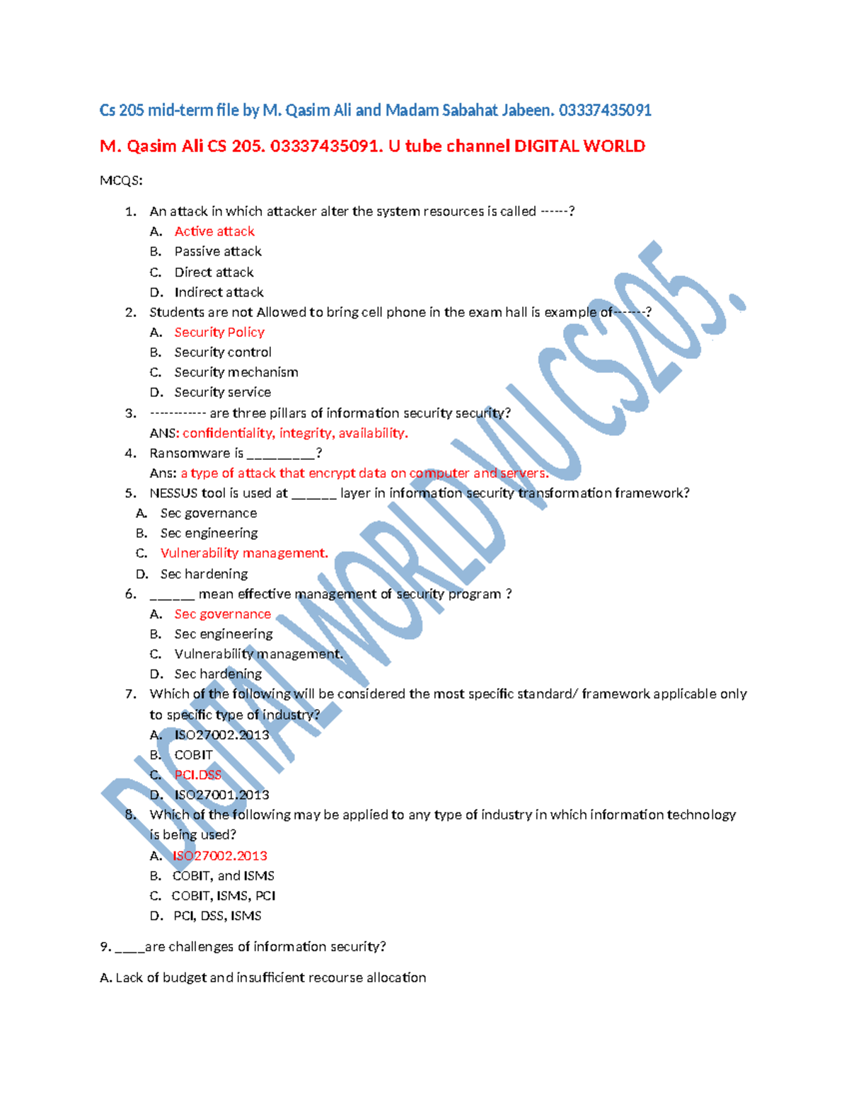 Cs205 mid by M. Qasim - Midterm MCQ's - Cs 205 mid-term fie by M. Qasim Aii and Madam Sabahat ...