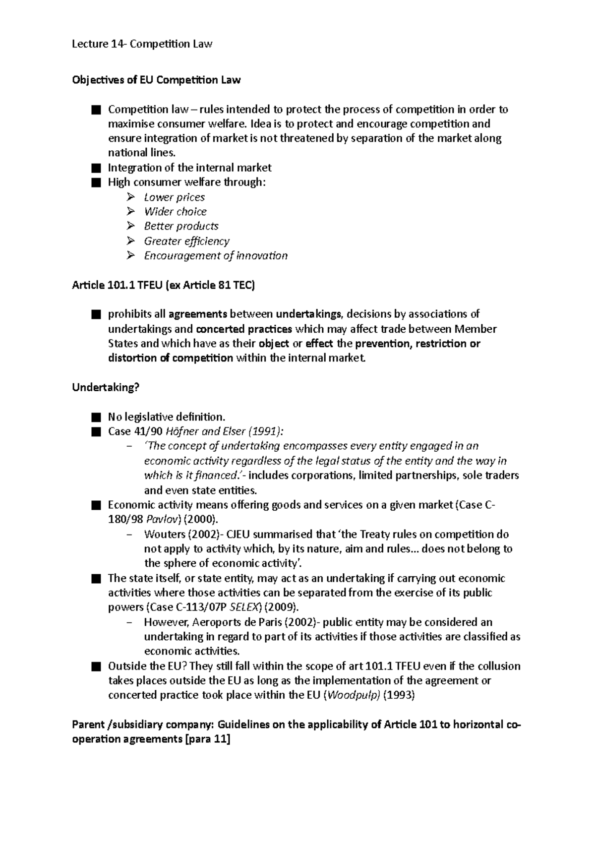 Lecture 14- Competition Law - Objectives of EU Competition Law ...