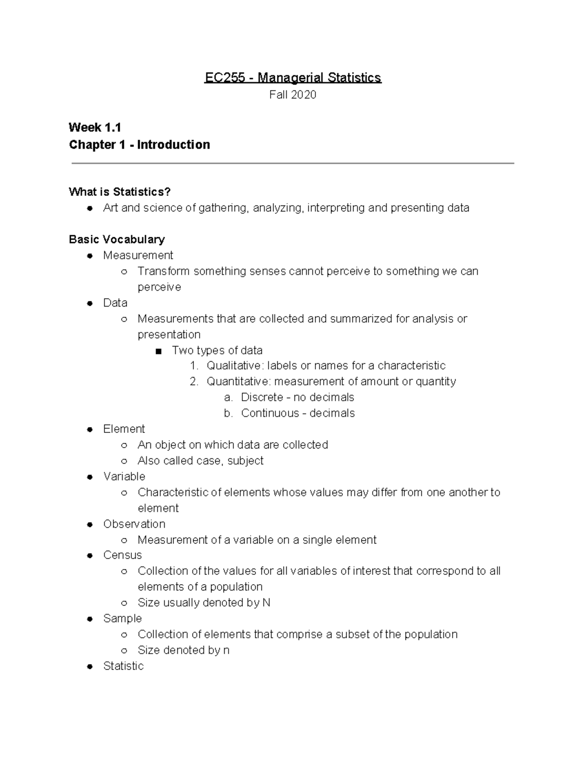 EC255 - Managerial Statistics - Chapter 1 - Introduction What is ...