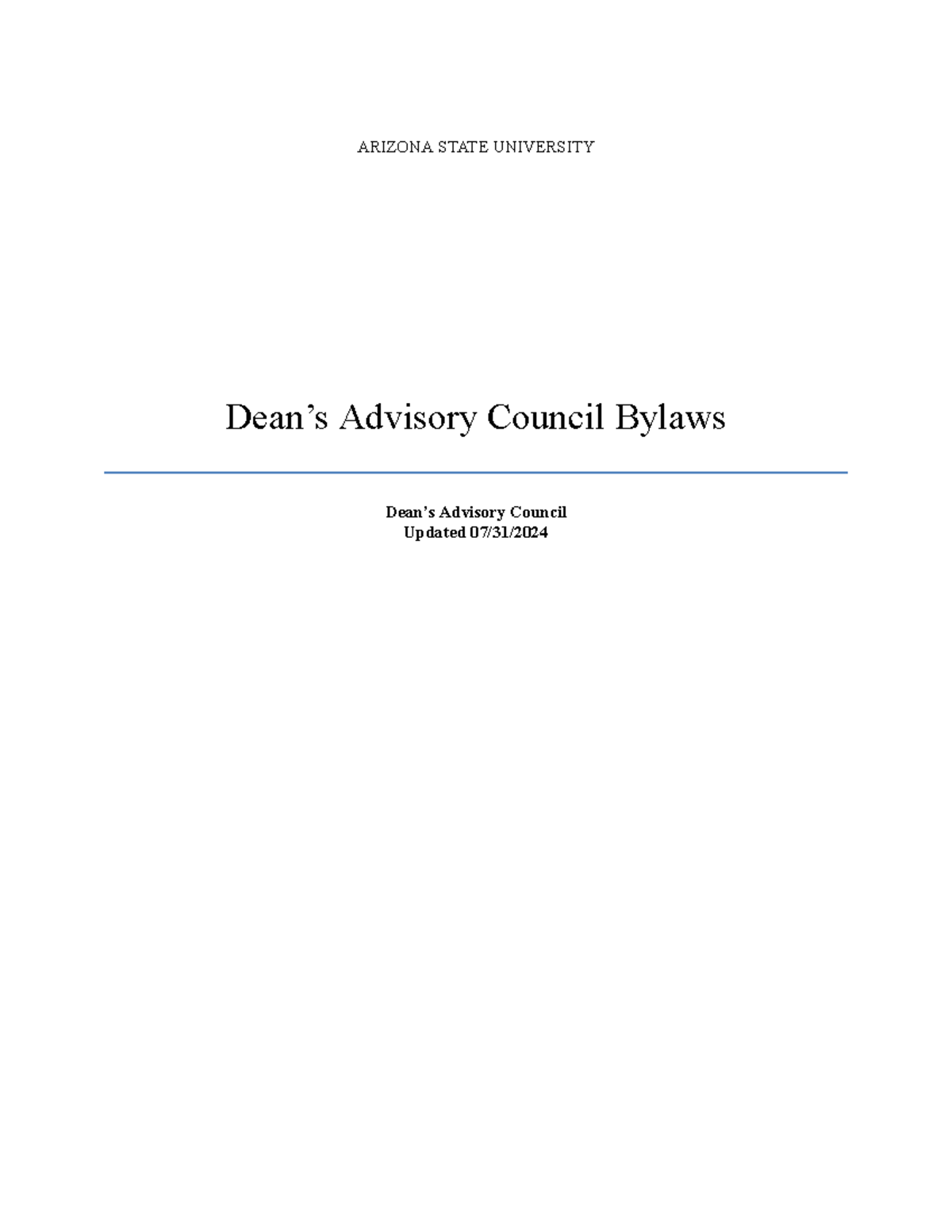 W - dean - ARIZONA STATE UNIVERSITY Dean’s Advisory Council Bylaws Dean ...