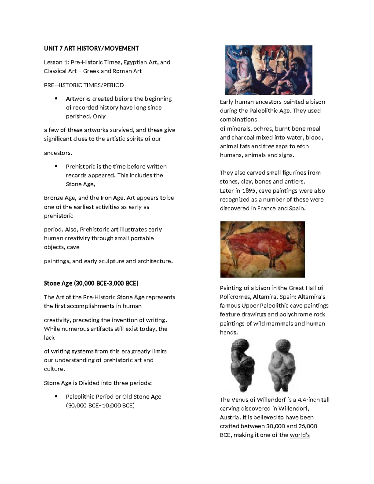 ARTS 2223 - :)) - UNIT 7 ART HISTORY/MOVEMENT Lesson 1: Pre-Historic ...