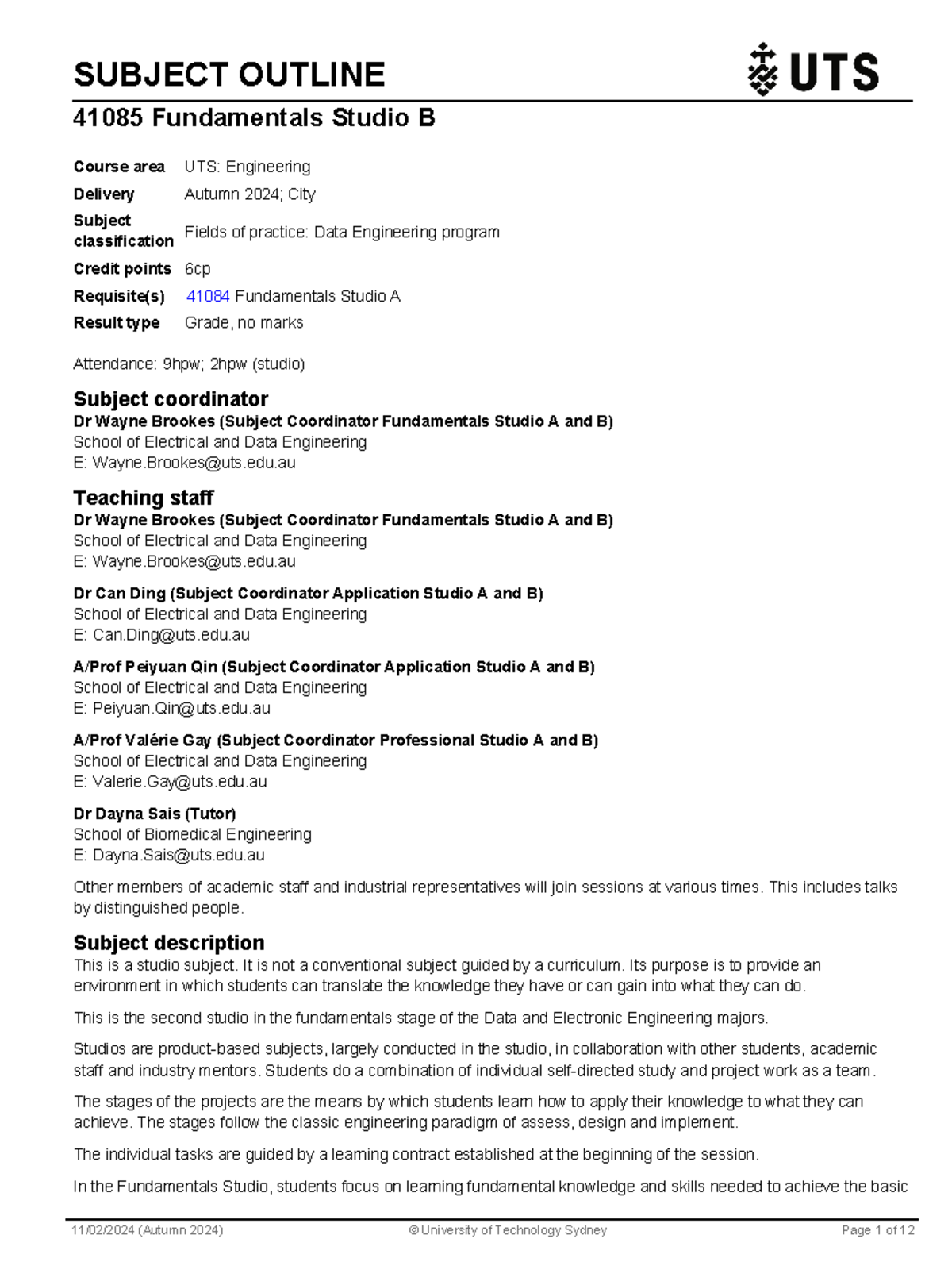 41085 subject outline - SUBJECT OUTLINE 41085 Fundamentals Studio B ...