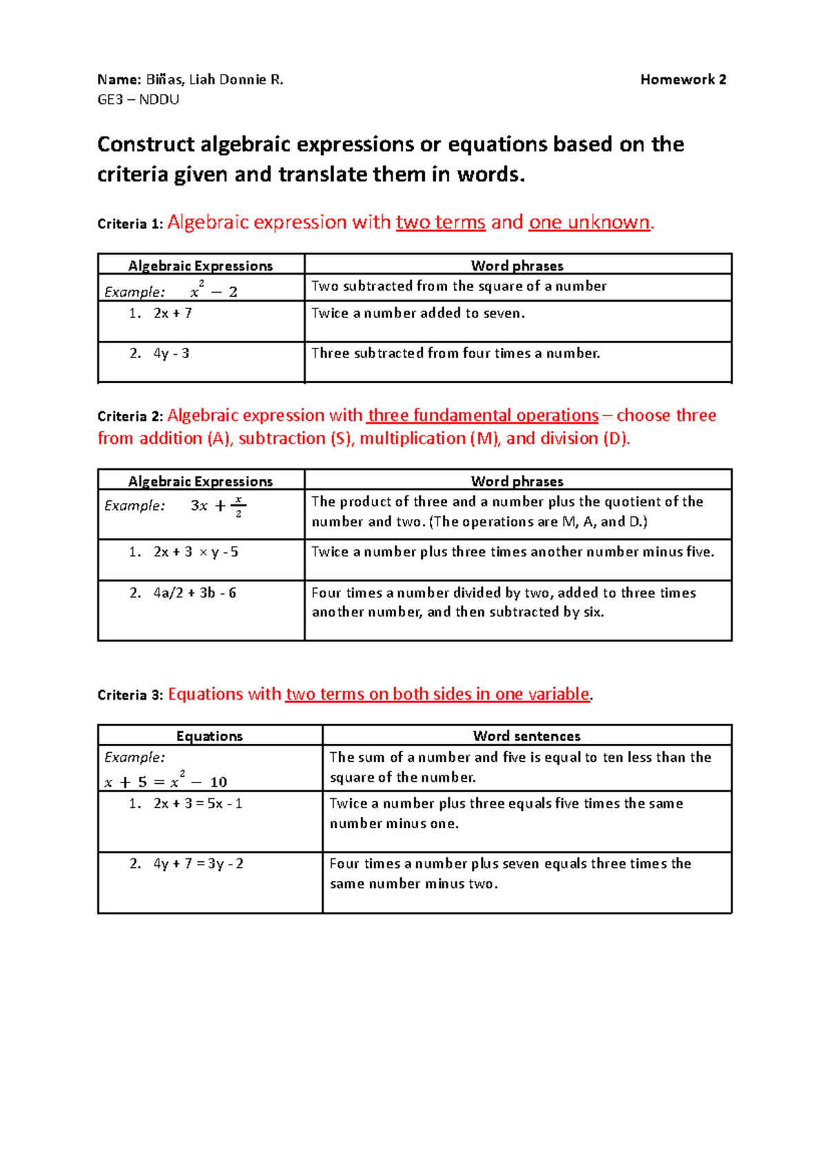 Homework in Math - Name: Biñas, Liah Donnie R. Homework 2 GE3 – NDDU ...