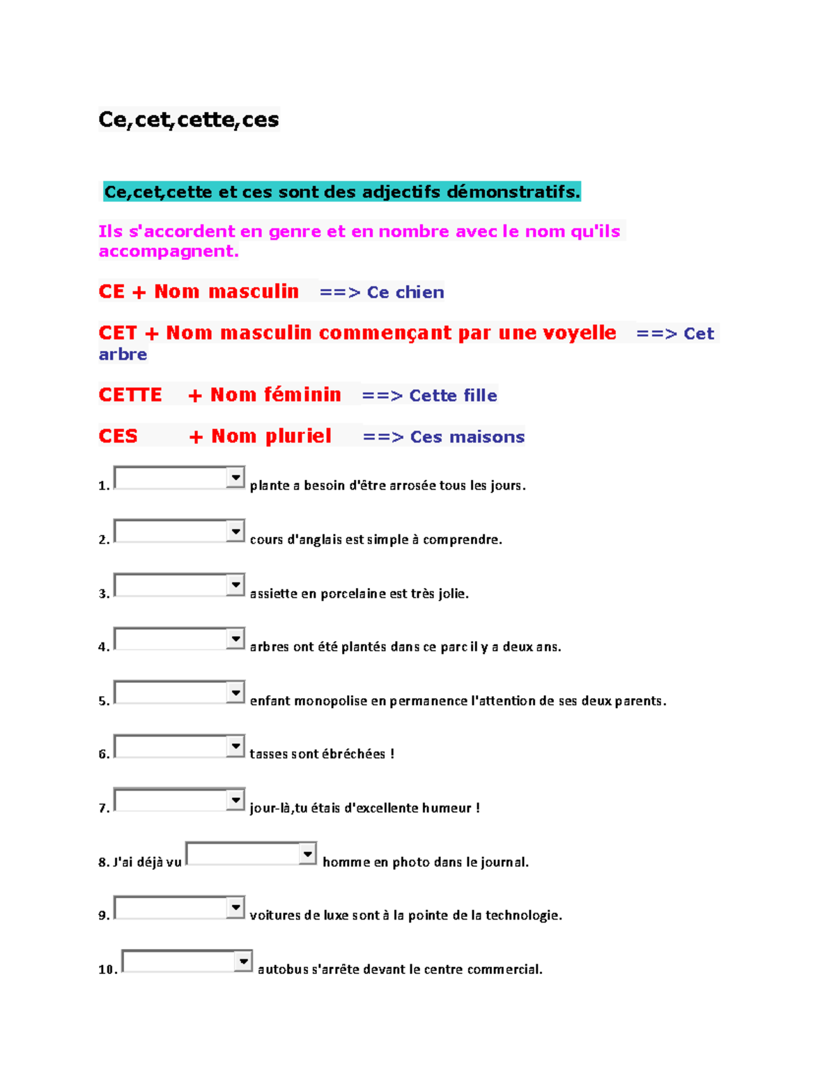 Adjectifs demonstratifs - Ce,cet,cette,ces Ce,cet,cette et ces sont des ...