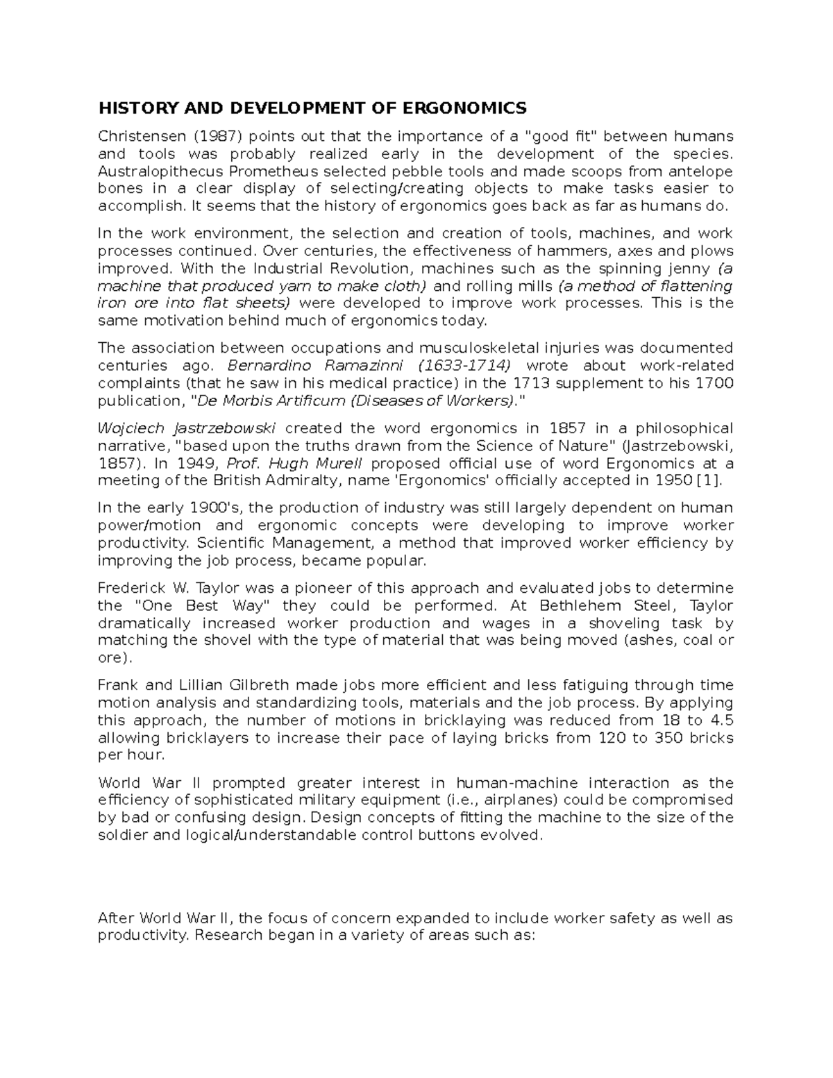 History of Ergonomics - HISTORY AND DEVELOPMENT OF ERGONOMICS ...