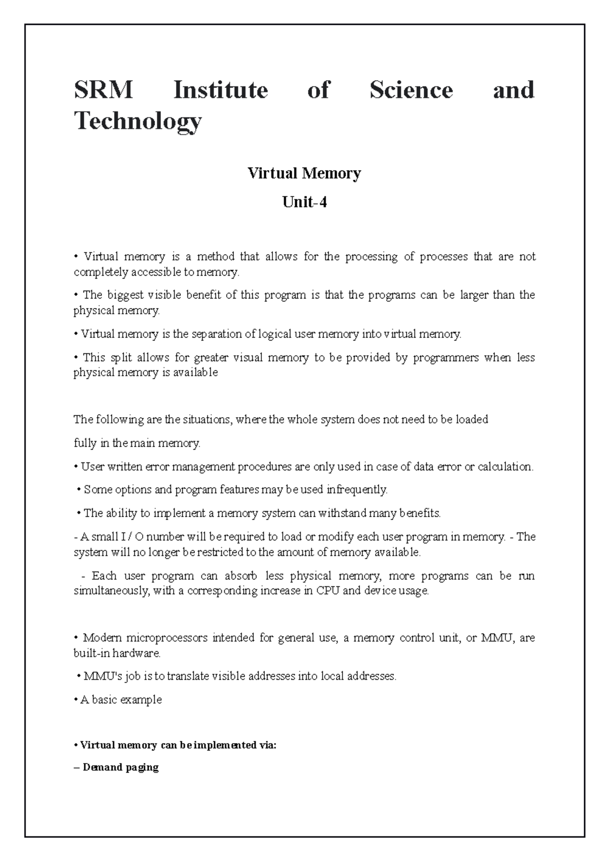 Virtual Memory Lecture Notes 3 Srm Institute Of Science And Technology Virtual Memory Unit