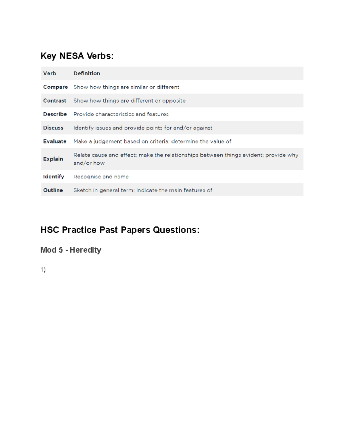 Bio notesssssss - Key NESA Verbs: HSC Practice Past Papers Questions ...