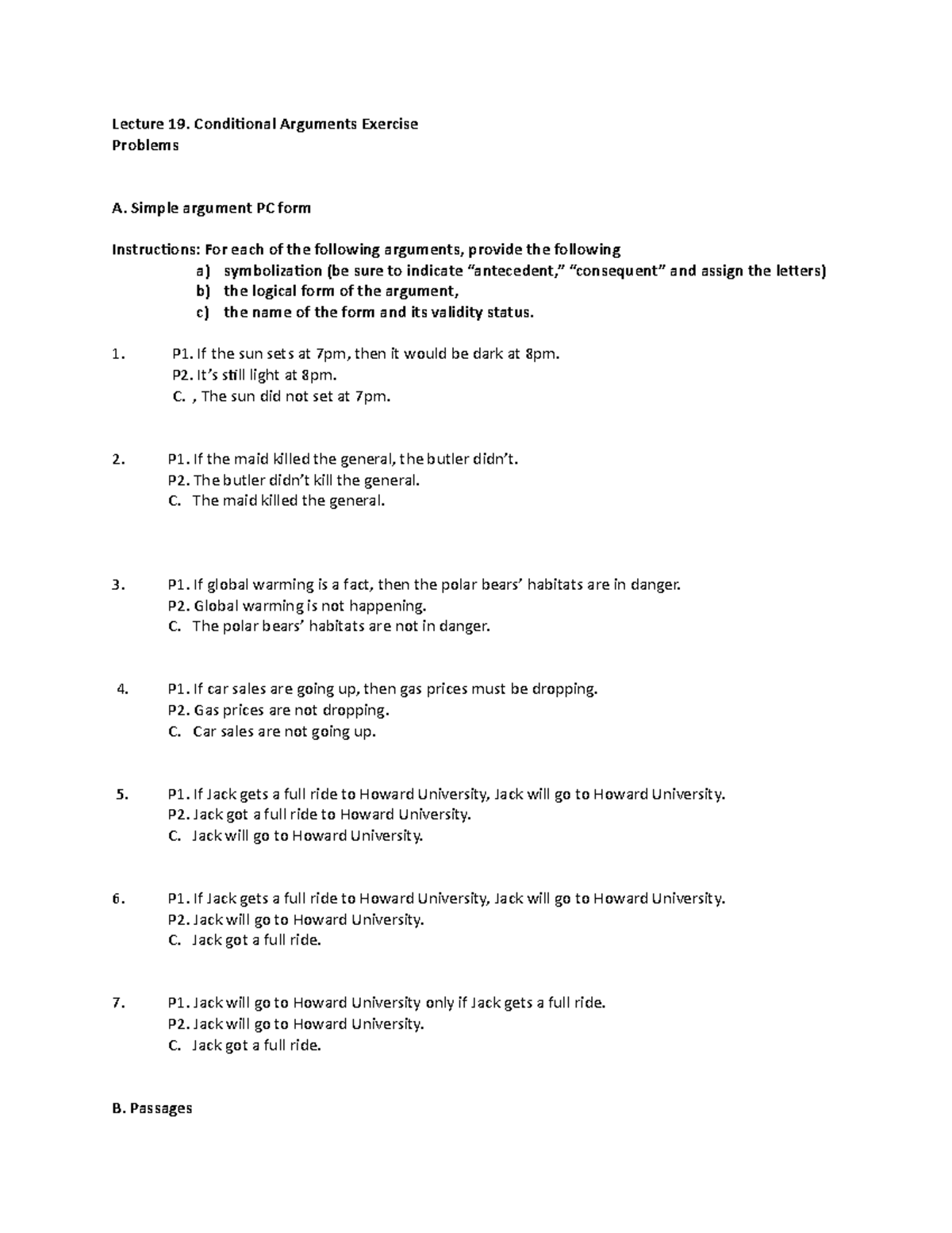 Lec 19 Conditionals Exercise Problems Lecture 19 Conditional Arguments Exercise Problems