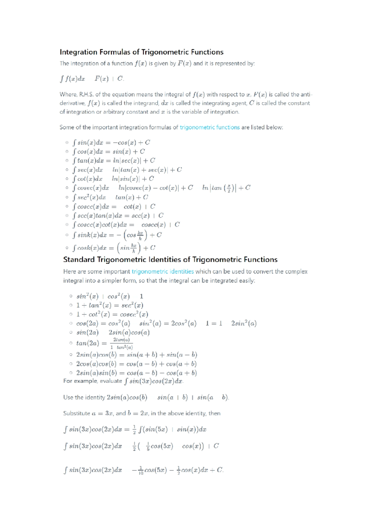 Integration of trigonometric fuction - Calculus I - Studocu