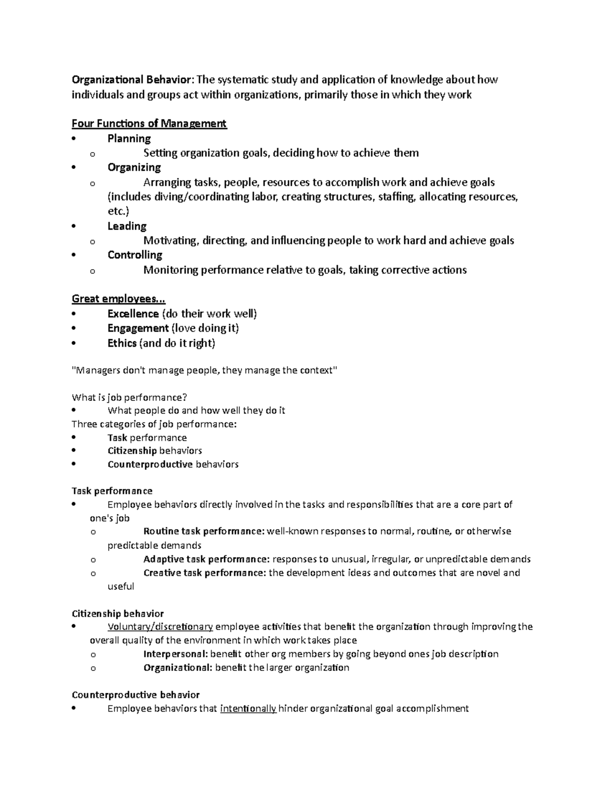 MGMT 311 - Lecture notes 1-10 - Organizational Behavior: The systematic ...