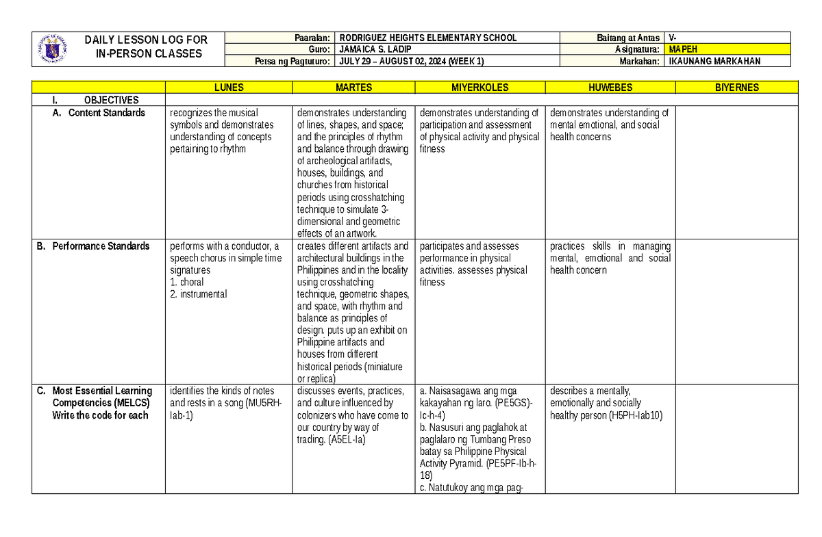 W01 Mapeh - DAILY LESSON LOG FOR IN-PERSON CLASSES Paaralan: RODRIGUEZ HEIGHTS ELEMENTARY SCHOOL ...