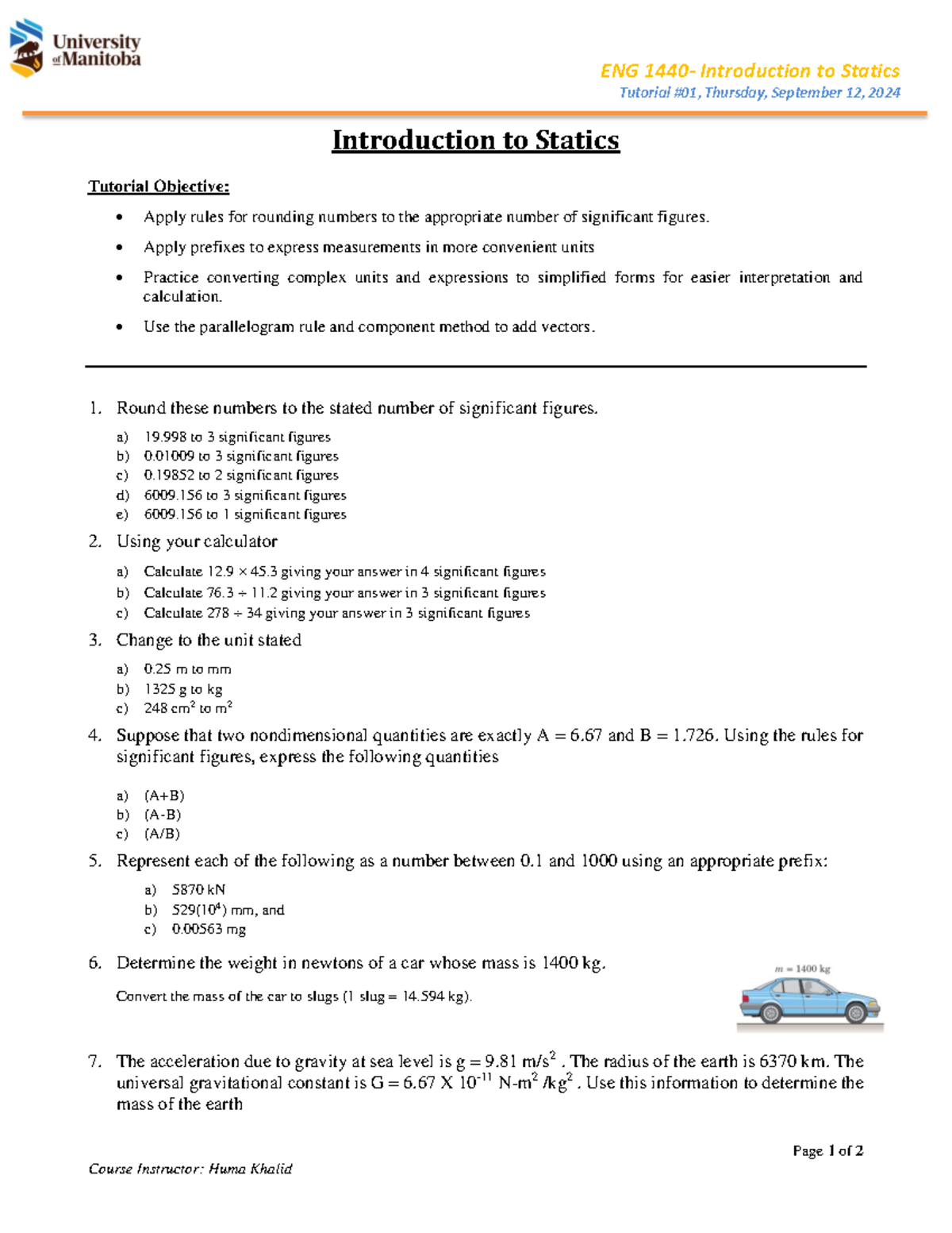 Tutorial #01 - ENG 1440- Introduction to Statics Tutorial #0 1 ...