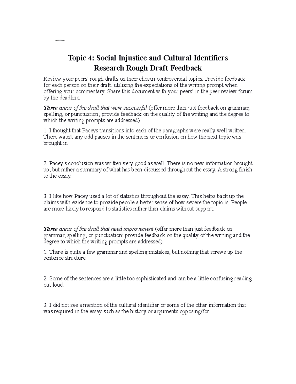 EDU-330-T4-Peer Review Worksheet Social Injustice and Cultural ...