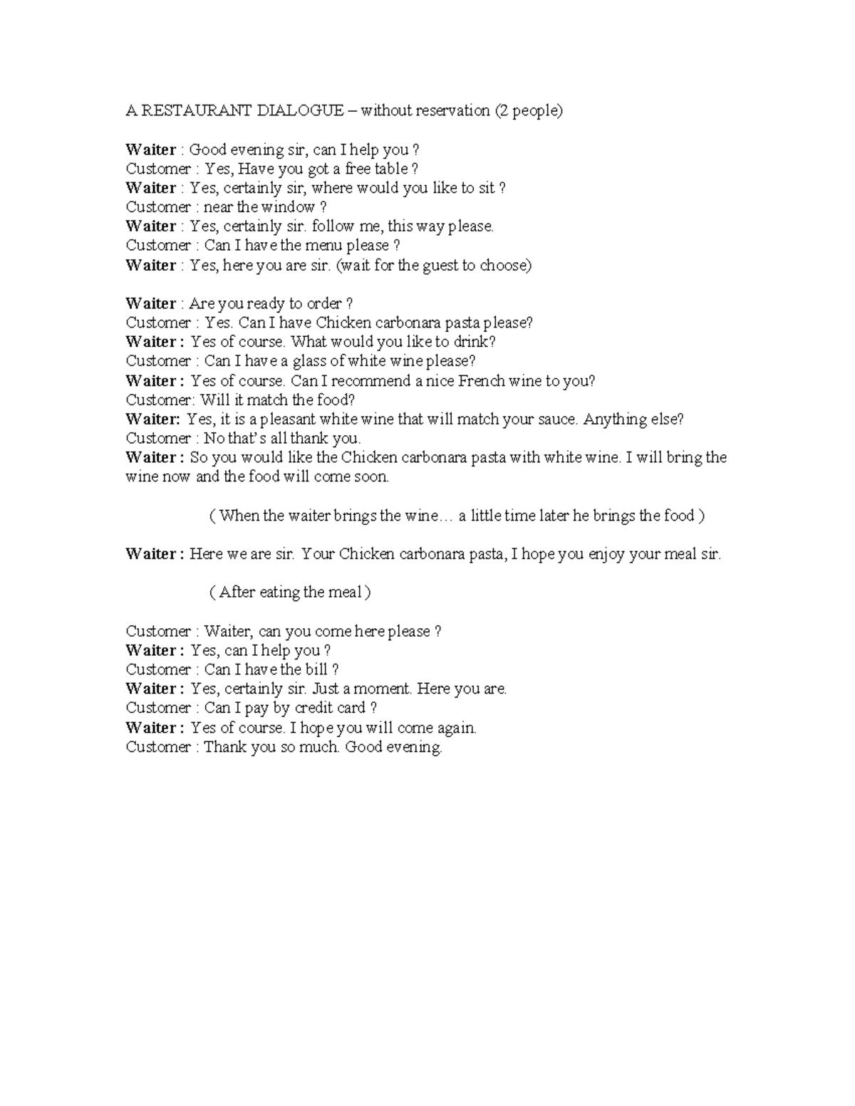 A restaurant dialogue 2 people - A RESTAURANT DIALOGUE – without ...